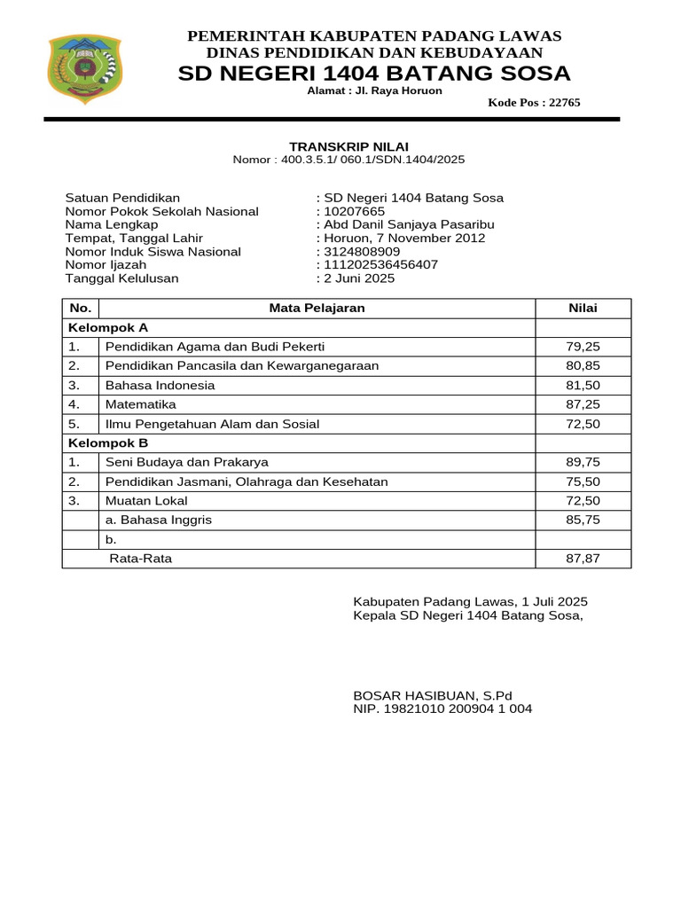Form Transkip Nilai SD 2024 2025 | PDF