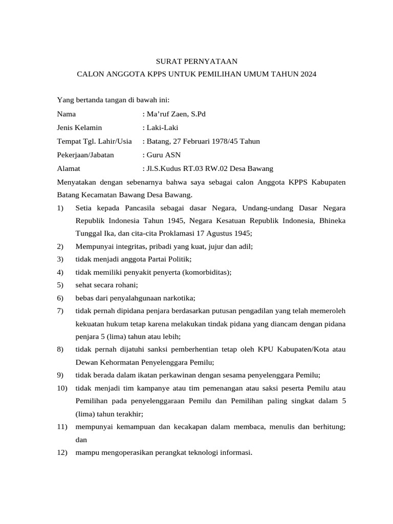 Surat Pernyataan KPPS | PDF
