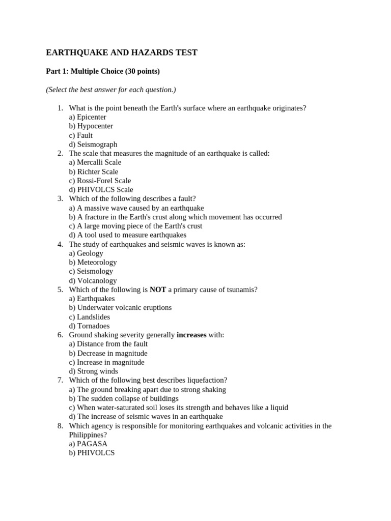 Earthquake Hazards and Seismology Quiz | PDF | Earthquakes | Tsunami