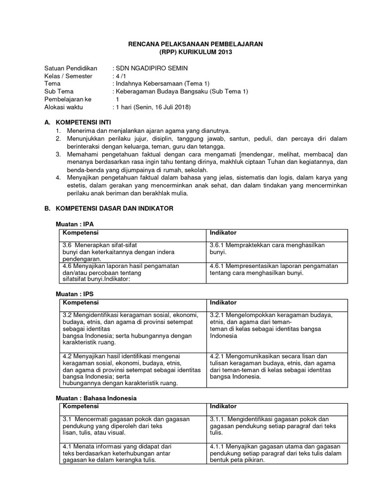 RPP Pai Kelas 4 Semester 1 2018-2019 - Compressed | PDF