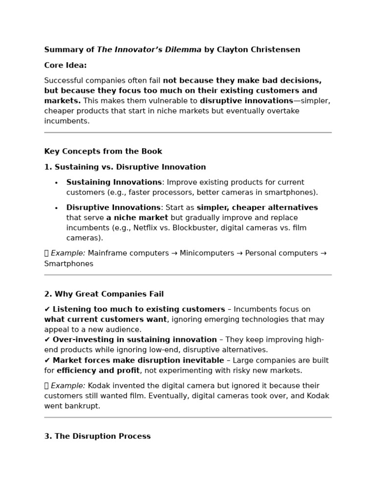 Summary of The Innovator's Dilemma | PDF | Disruptive Innovation ...