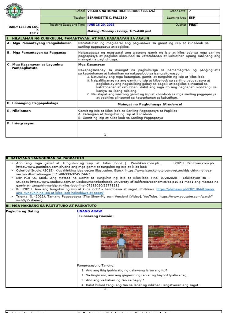 DLL Matatag - Values Education 7 q1 w1 | PDF