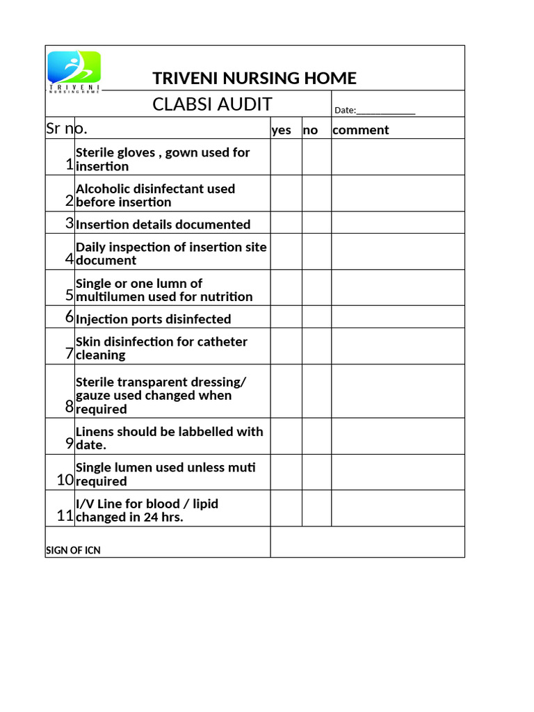 CLABSI Audit Checklist for Nursing Homes | PDF