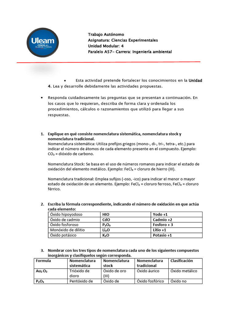 Actividad Unidad 4 Ciencias Experimentales | PDF | Química | Sustancias químicas