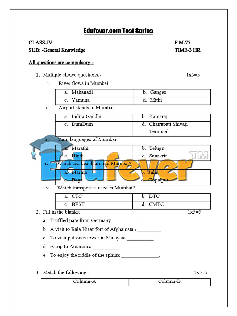 Class 4 GK Questions 75 Marks | PDF | Mumbai