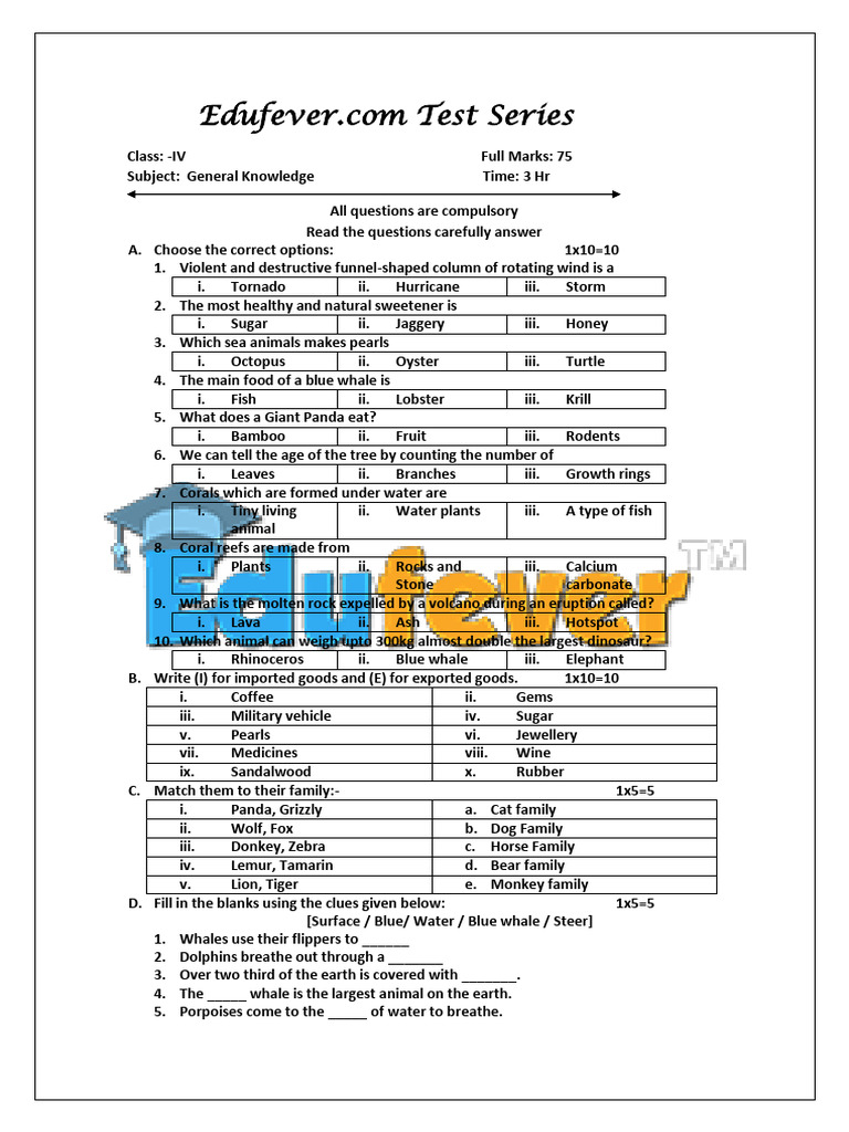 Class 4 GK Questions 75 Marks 2 | PDF