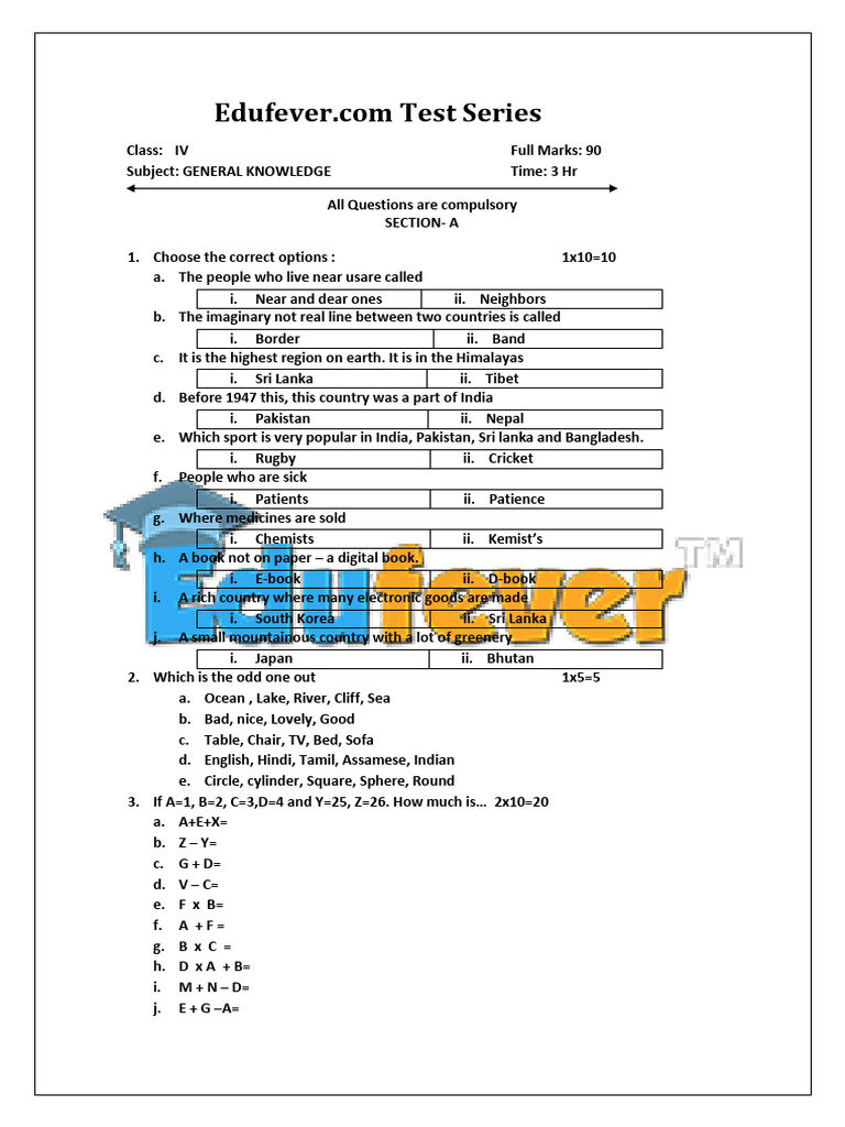 Class 4 GK Questions 90 Marks | PDF