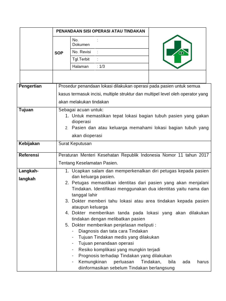 Sop Penandaan Operasi Dan Tindakan Sc2 | PDF
