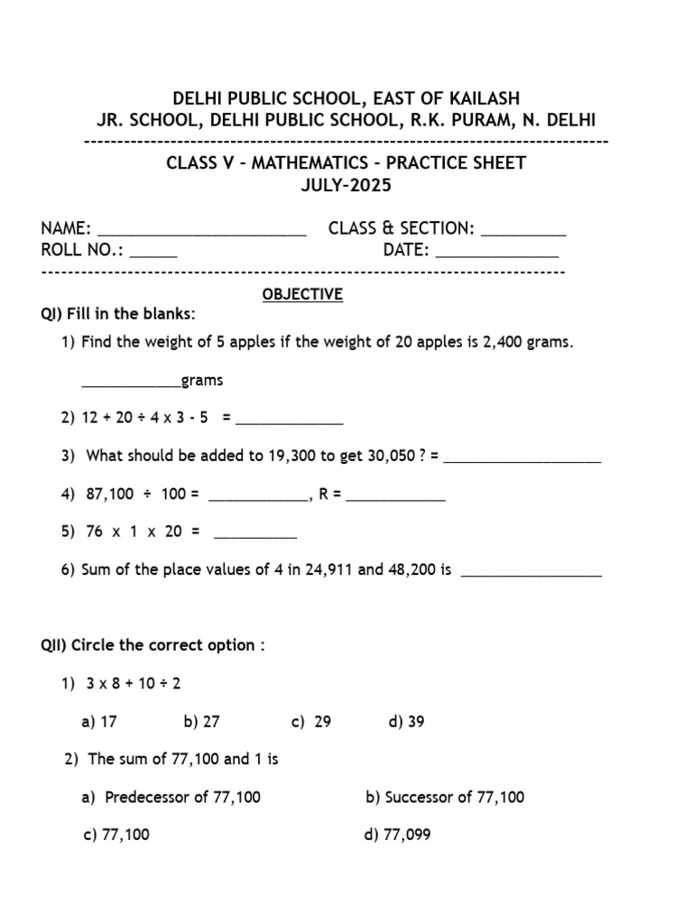 Class V - Mathematics - Practice Sheet Term 1 Assessment 2 - JULY 2025 ...