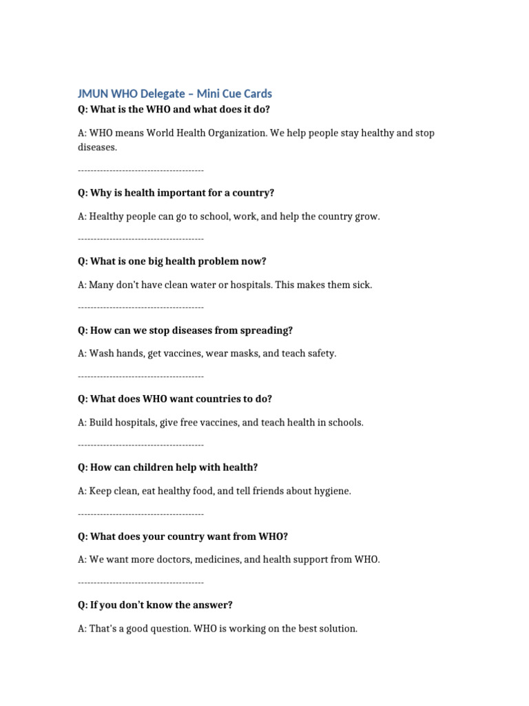 JMUN WHO Delegate Mini Cue Cards | PDF