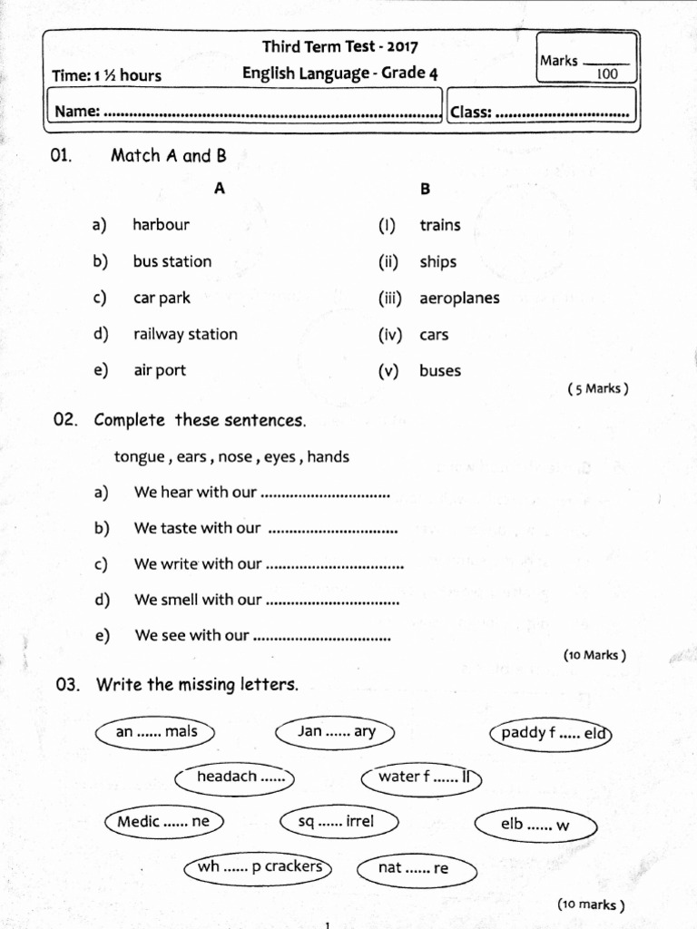English Grade 4 - Third Term Test - 2017 | PDF