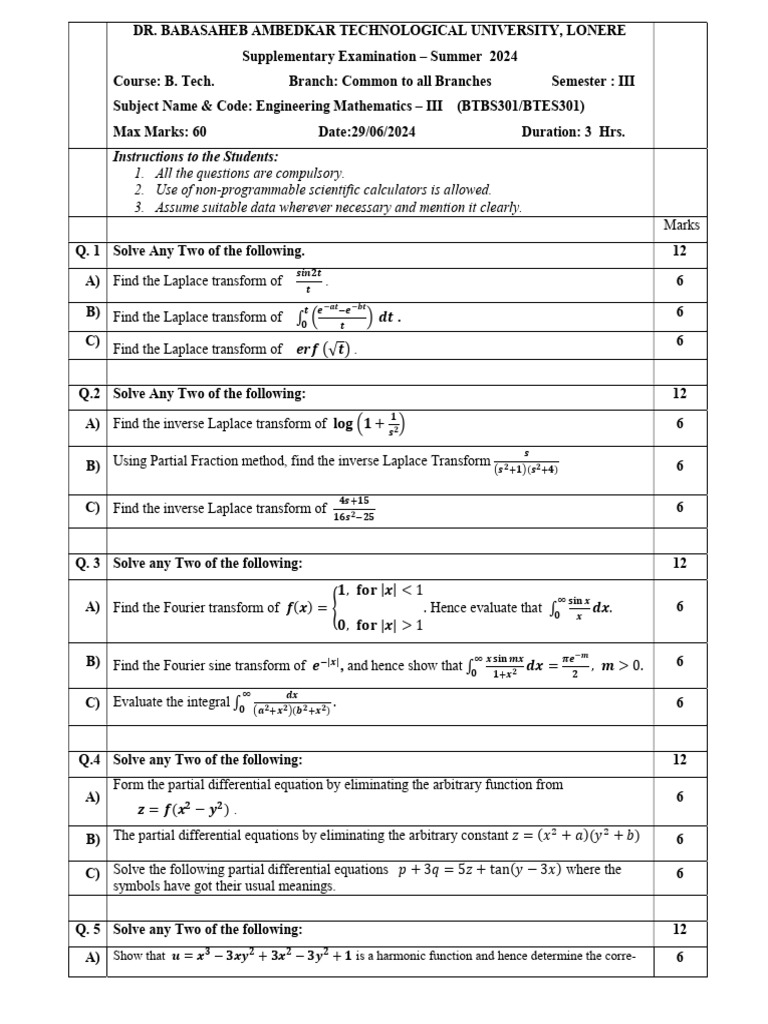 Engineering Mathematics-III Supp | PDF | Laplace Transform | Partial ...