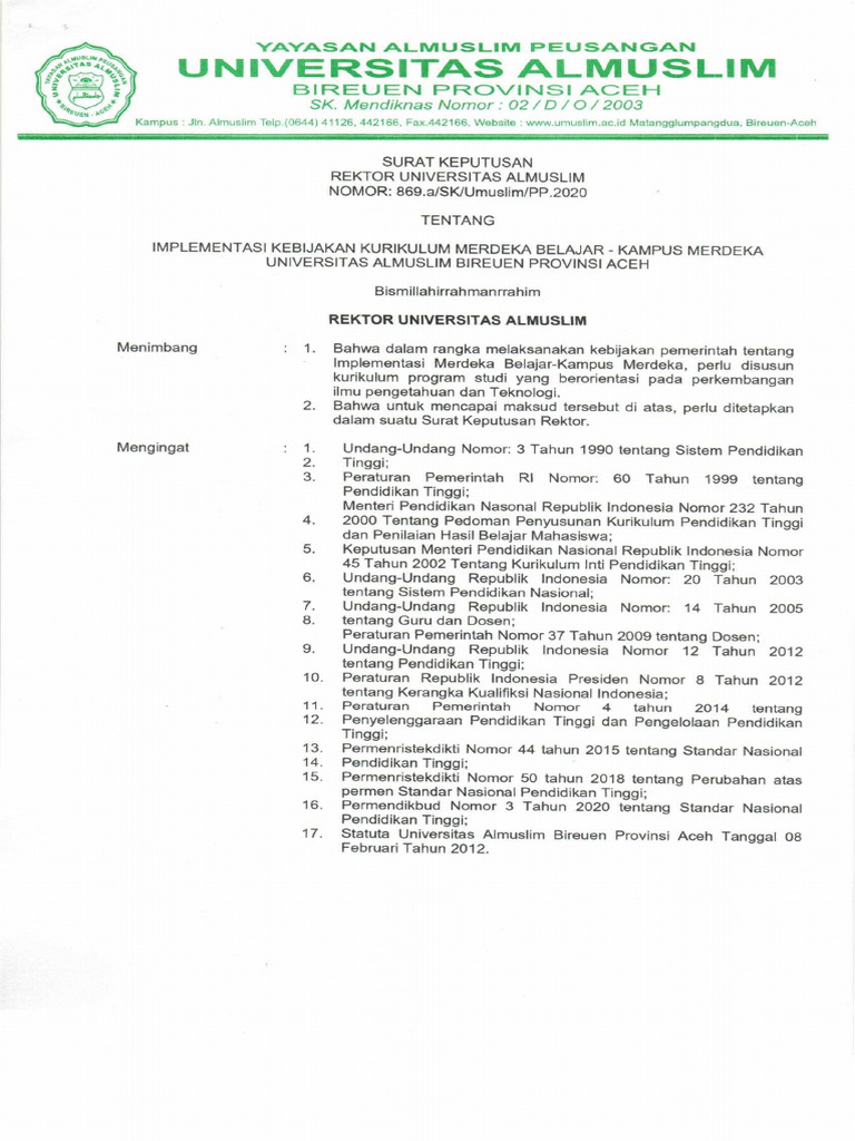 SK Rektor Umuslim Implementasi MBKM 1 | PDF