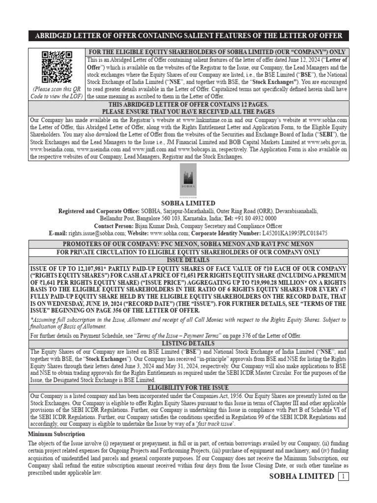 Sobha Limited Abridged Offer Letter | PDF | Securities (Finance) | Stocks