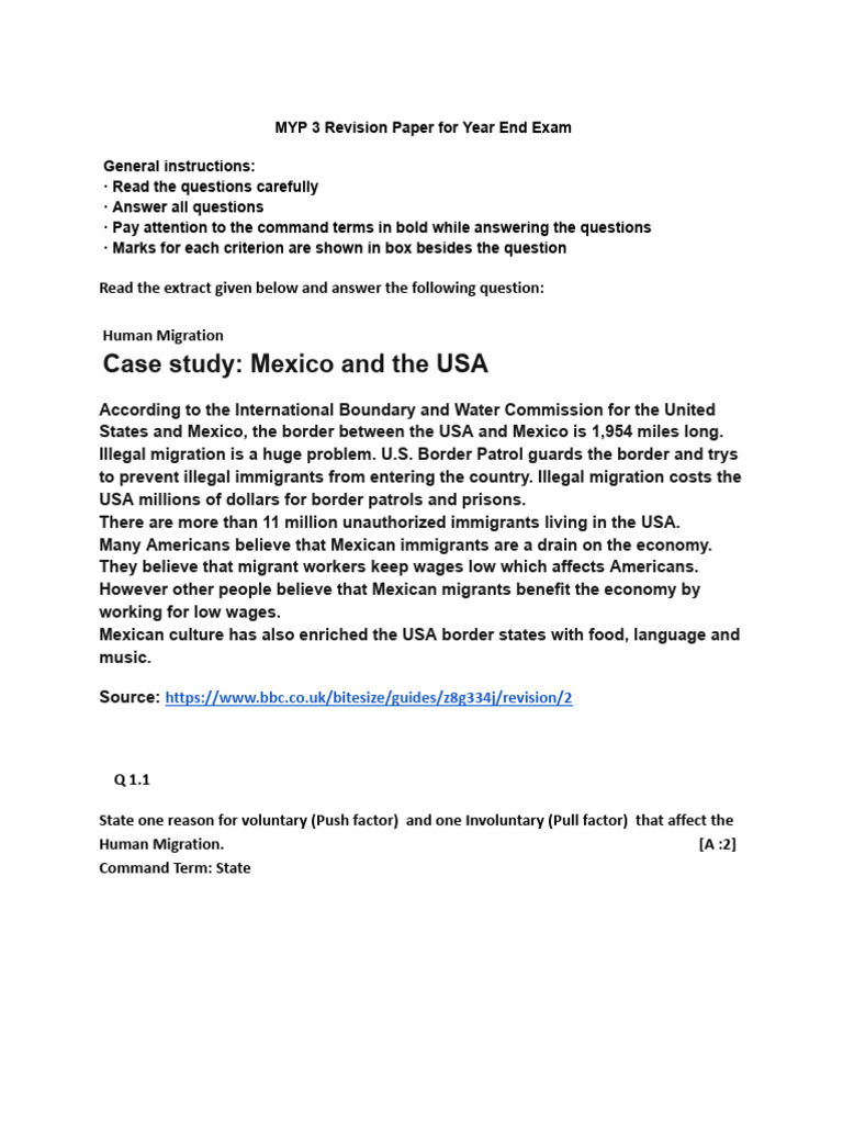 MYP 3 Integrated Humanities Year End Exam - Paper Pattern | PDF ...