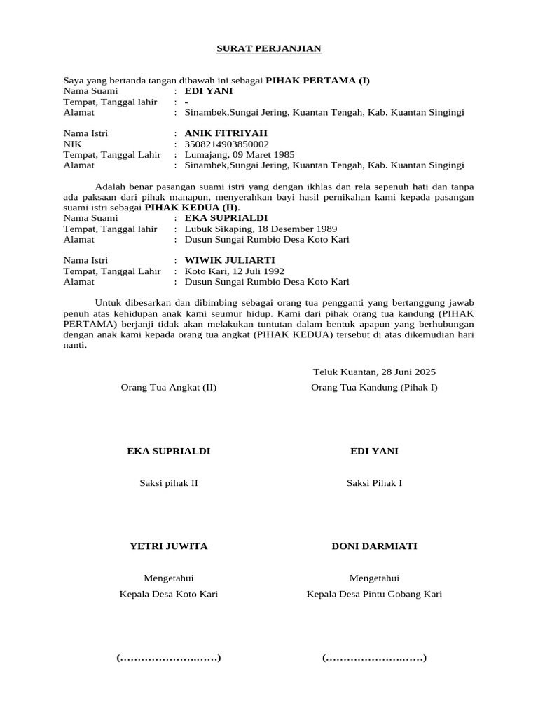 Surat Perjanjian Hak Asuh Anak | PDF