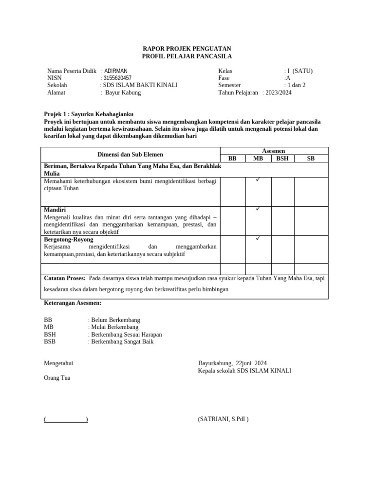 rapor p5 kls 1 susi | PDF