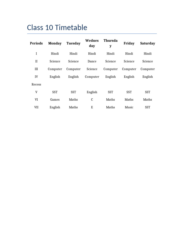 Class 10 Timetable With Recess No Time | PDF