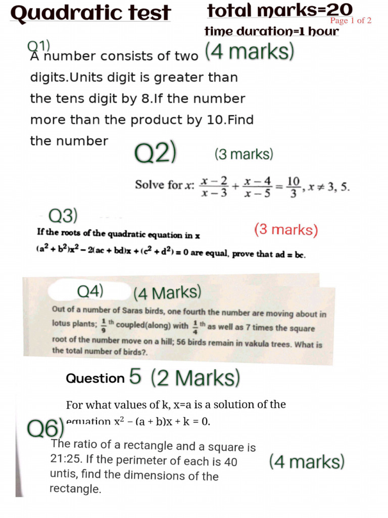 Quadratic, Test. (20) . | PDF
