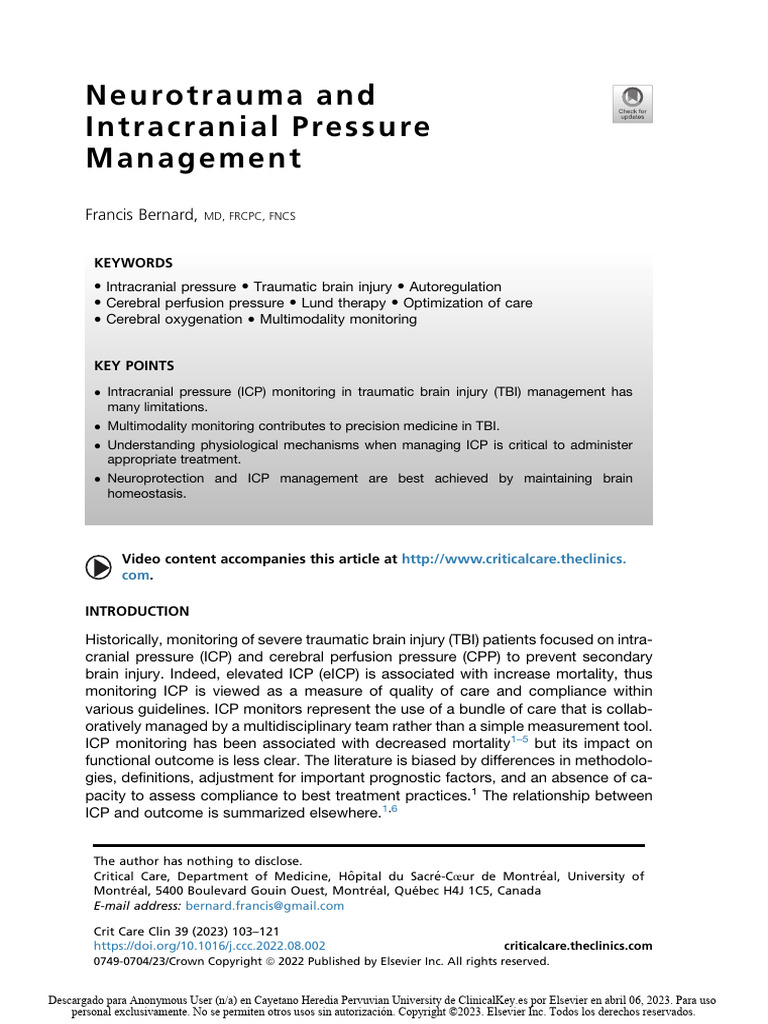 Neurotrauma and Intracranial Pressure Management | PDF | Traumatic ...