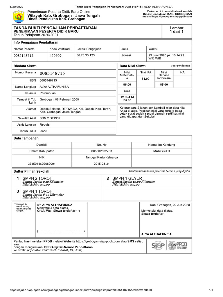 Tanda Bukti Pengajuan Pendaftaran - 0085148715 - ALYA ALTHAFUNISA | PDF