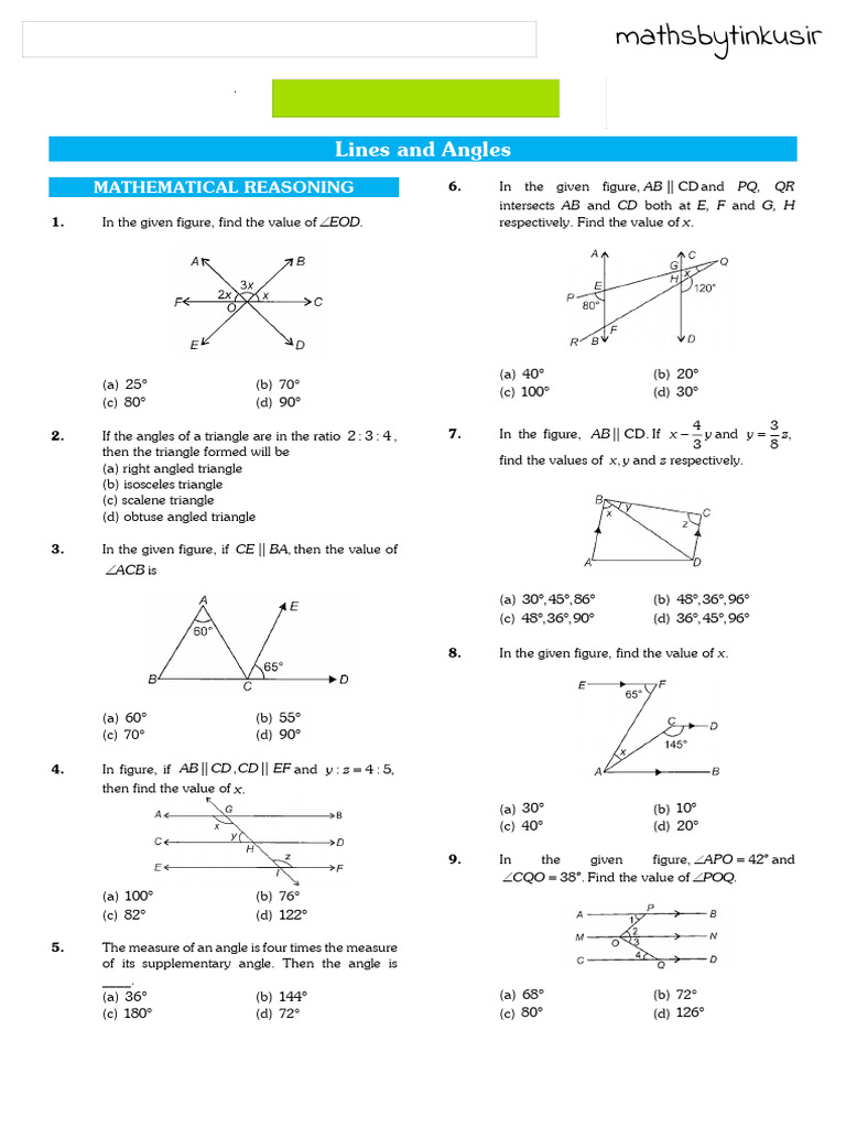 Lines and Angles Worksheet | PDF | Geometry | Classical Geometry