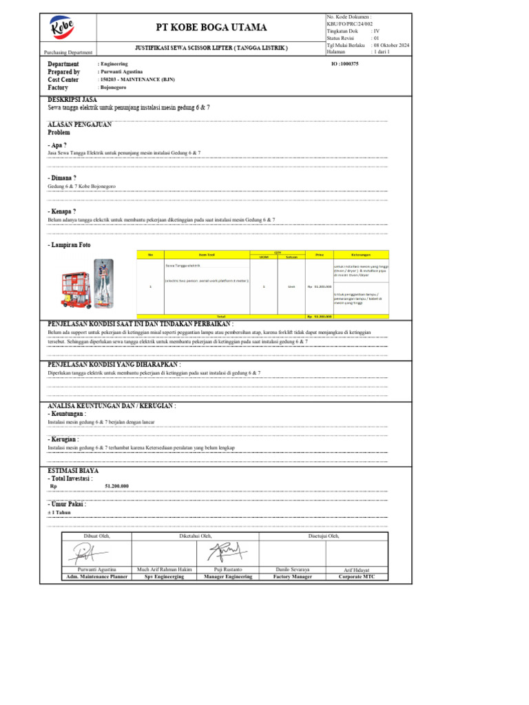 Sewa Scissor Lifter Untuk Installasi Mesin Di GD 6 Dan 7 | PDF
