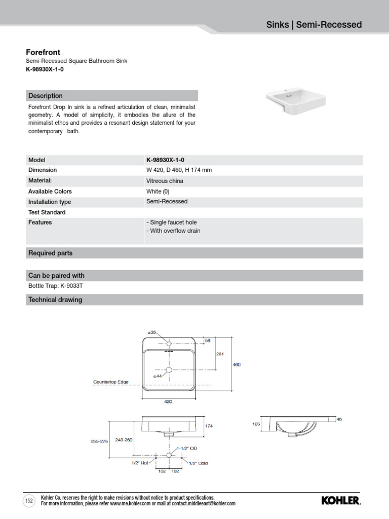 K 98930X 1 0 Semi Recessed Spec Sheet | PDF