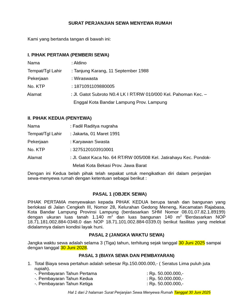 Surat Perjanjian Sewa Rumah | PDF