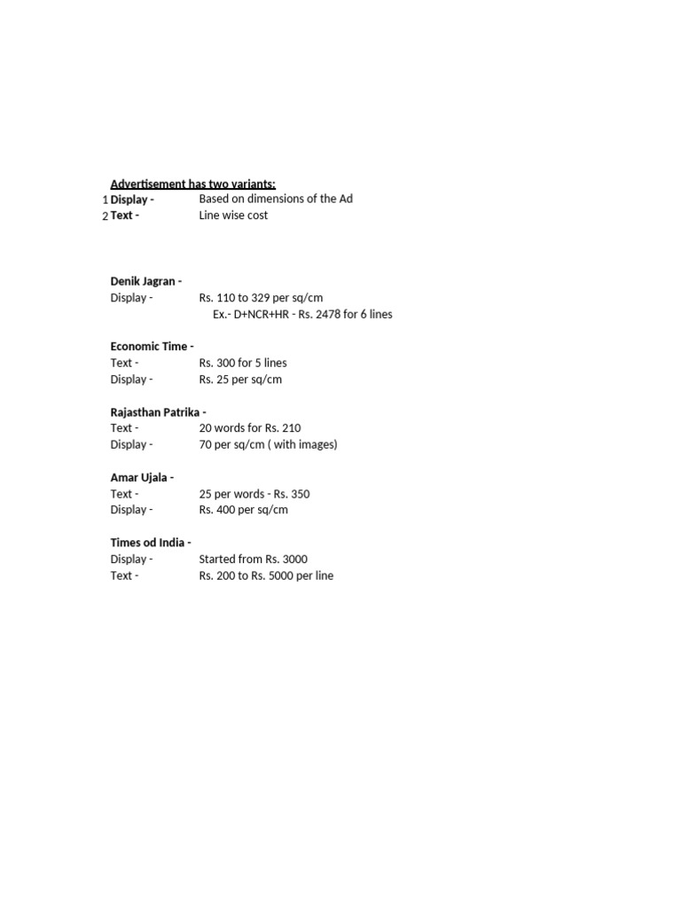 Advertising Price List Overview | PDF