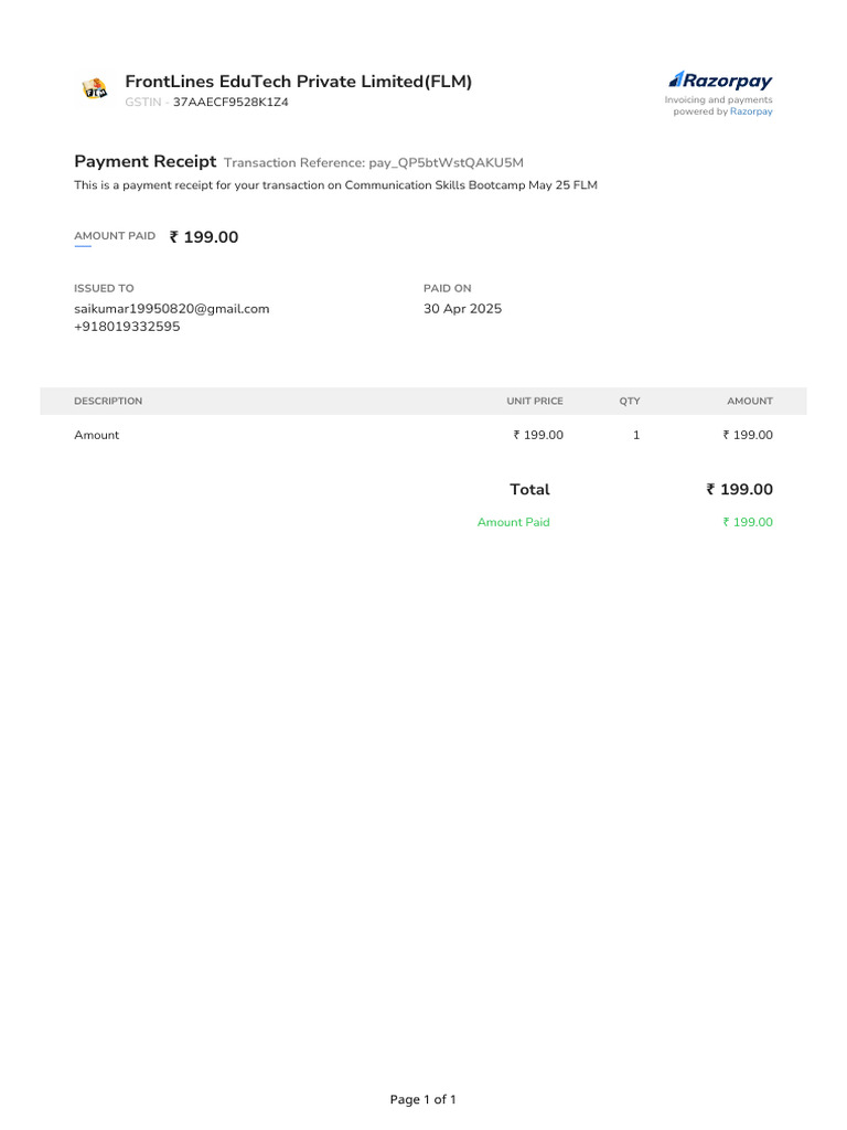 Receipt Pay - QP5btWstQAKU5M From FrontLines EduTech Private Limited ...
