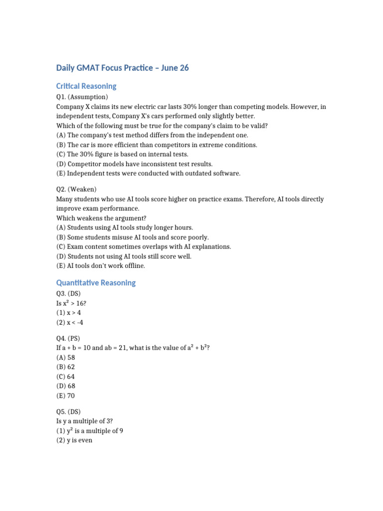 GMAT Focus June 26 Practice | PDF