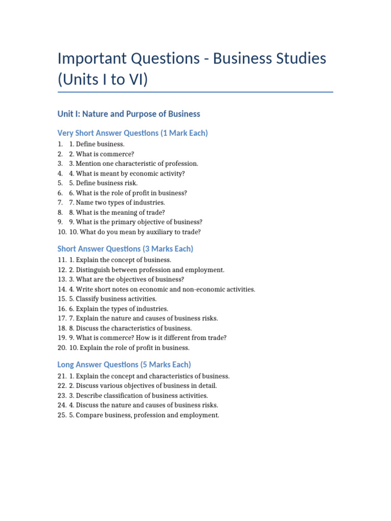 Key Questions in Business Studies | PDF
