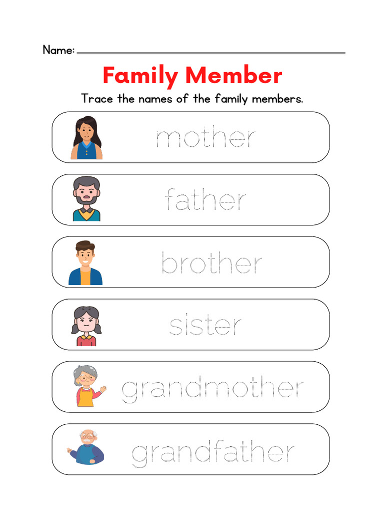 Family Member Tracing Worksheet in Colorful Illustrative Style ...