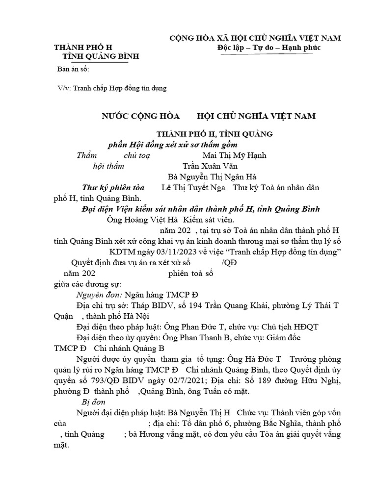 Ban An Tranh Chap Tin Dung BIDV Cong Ty Duy H | PDF