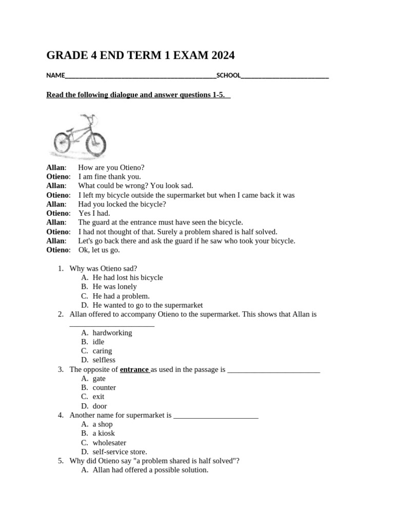 Grade 4 End Term One Exam | PDF
