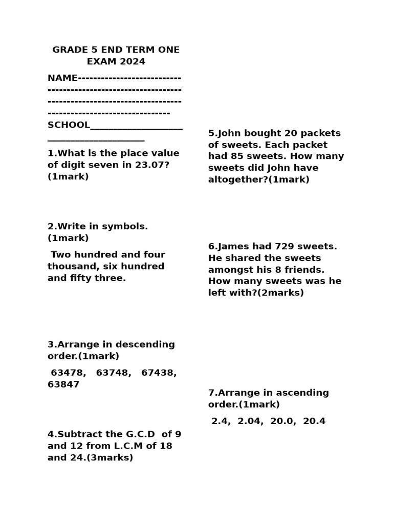 Grade 5 Exam 2024 Term 1 | PDF | Chess Openings | Chess