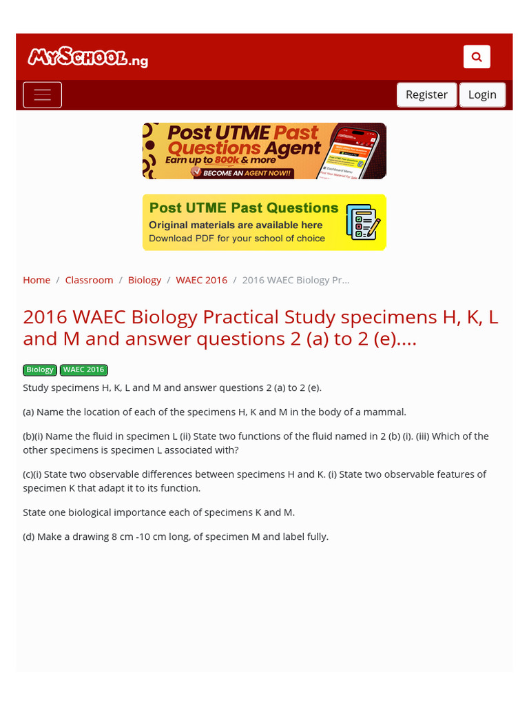 2016 WAEC Biology Practical Study Specimens H, K, L and M and Answer ...