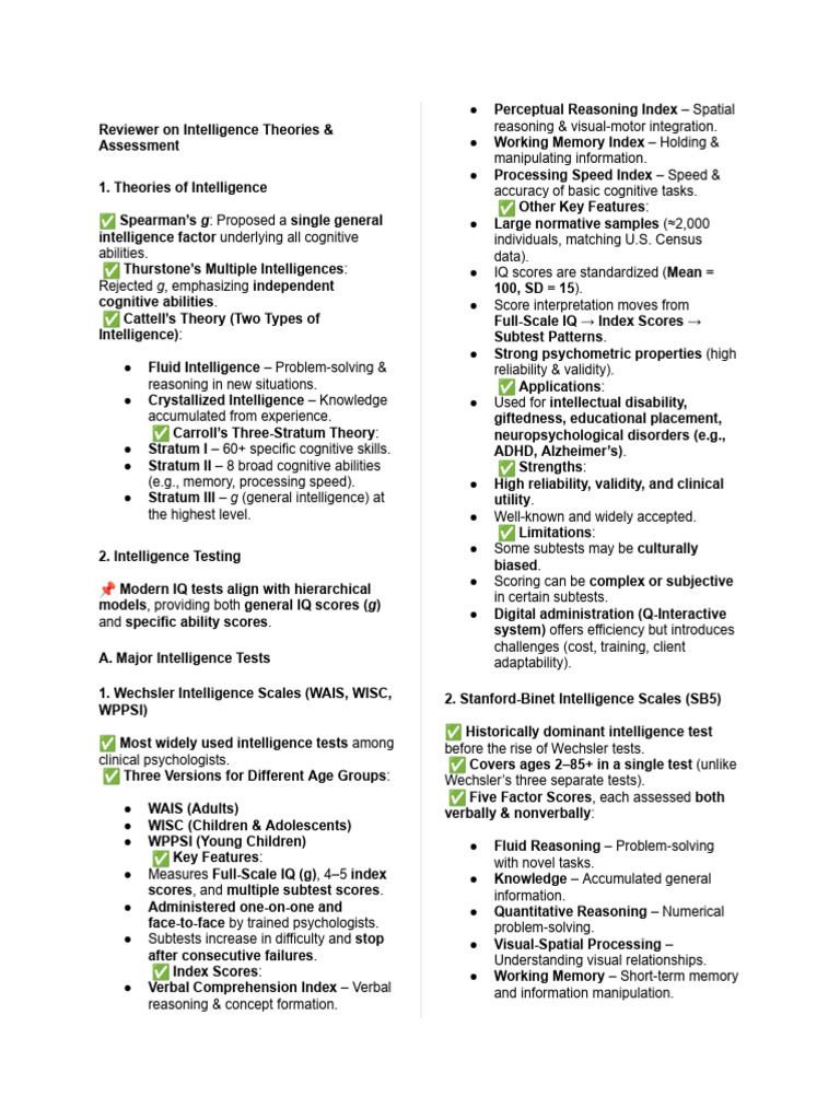 Intelligence Theories and Testing Overview | PDF | Wechsler Adult ...