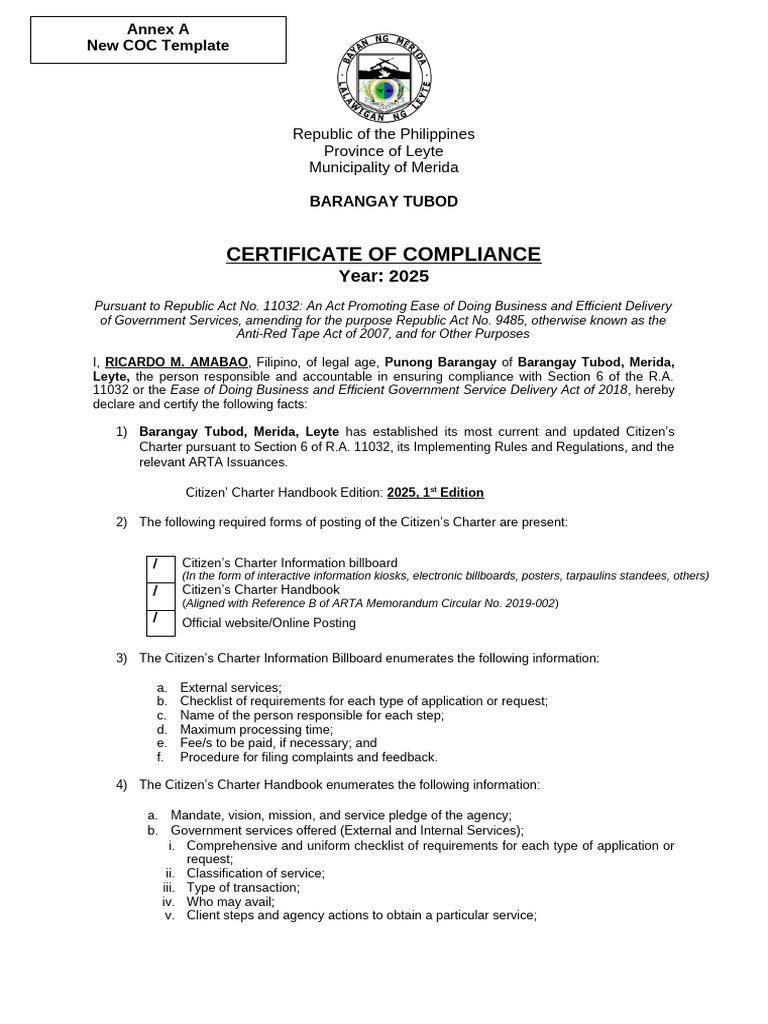 Certificate of Compliance 2025: Barangay Tubod | PDF