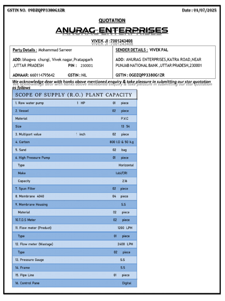 ANURAG ENTERPRISES 1000 LPH Ro Plant Quotation. 01 | PDF
