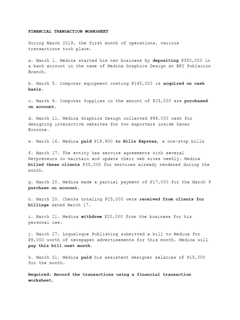 Financial Transaction Worksheet | PDF | Debits And Credits | Equity ...