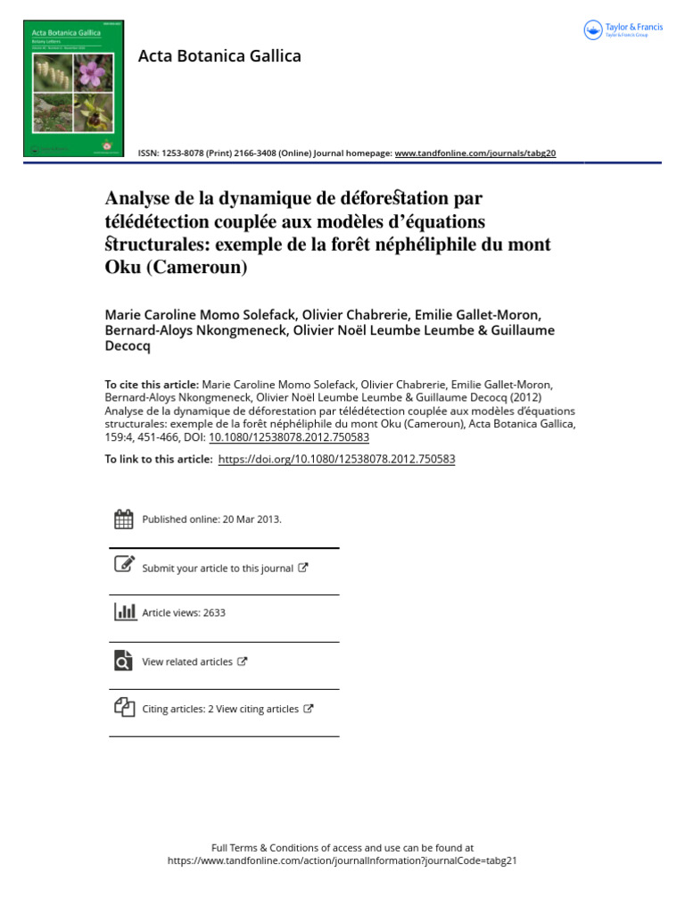 Analyse de La Dynamique de D Forestation Par T L D Tection Coupl e Aux ...