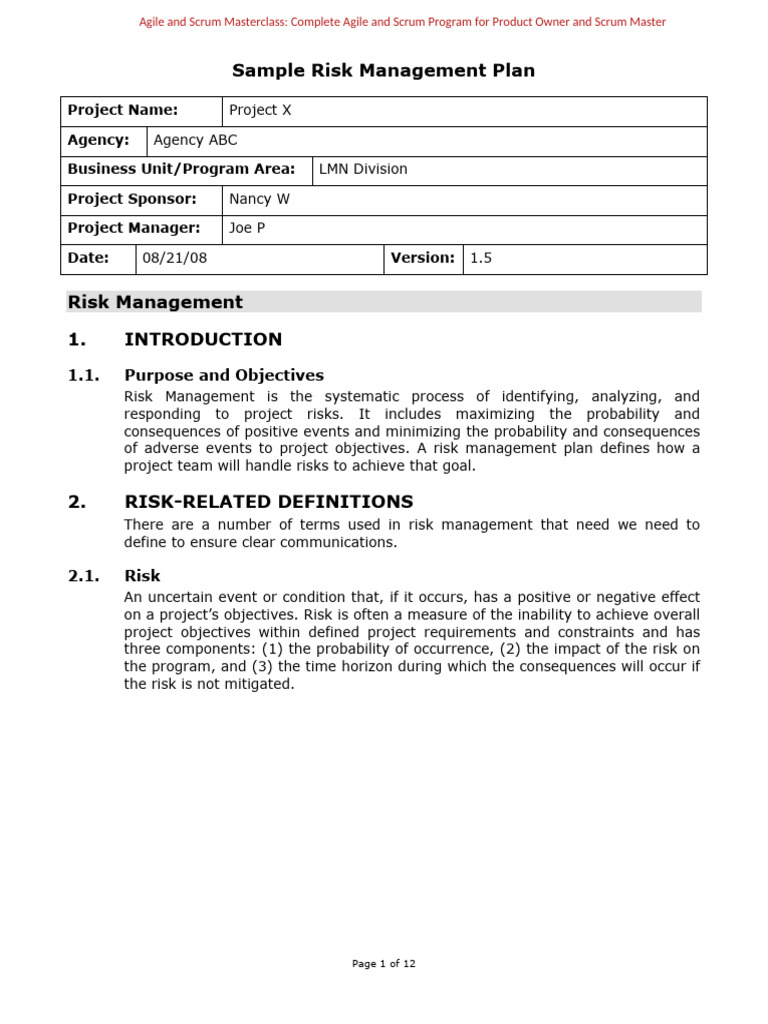 Sample Risk Management Plan for Project X | PDF | Risk | Risk Management