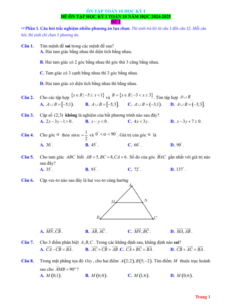 De On Tap HK1 Toan 10 KNTT de 1 | PDF