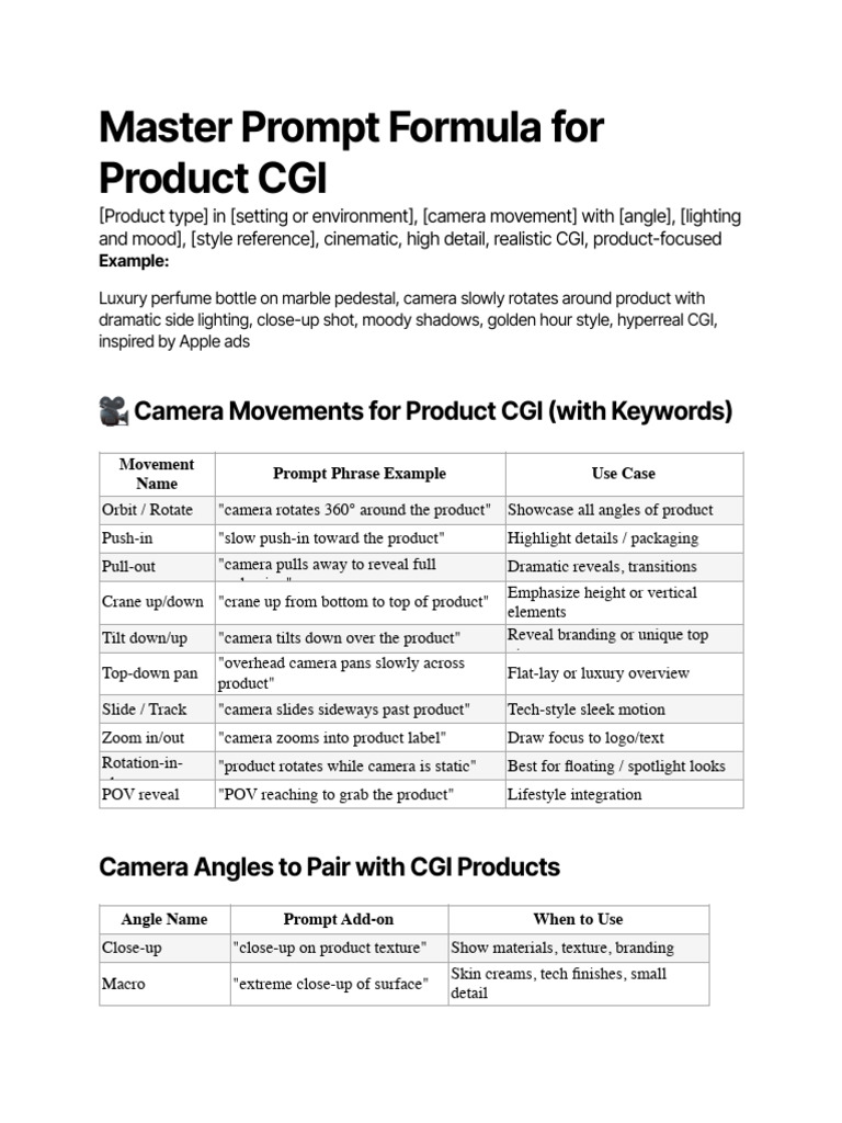 Master Prompt Formula For Product CGI | PDF | Camera | Computer Generated Imagery