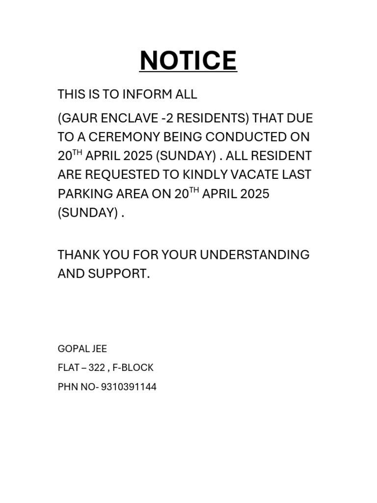 Parking Notice for Gaur Enclave-2 Residents | PDF