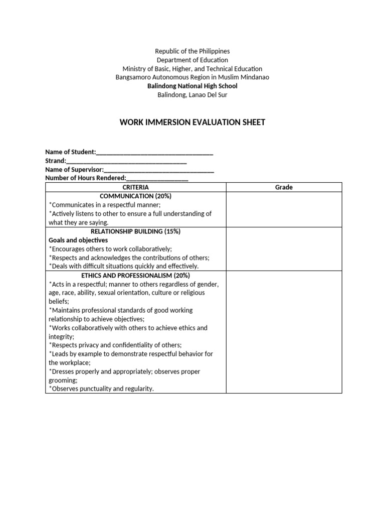 Immersion Evaluation Form | PDF | Creativity | Communication