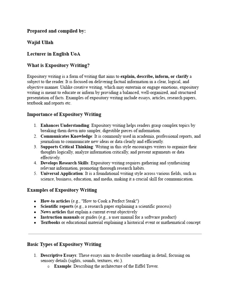 Expository Writing, Importance, Style | PDF | Essays | Communication