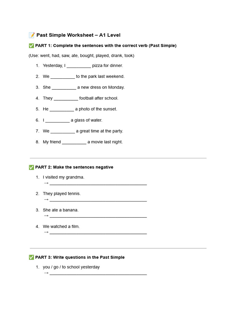 A1 Past Simple Worksheet | PDF